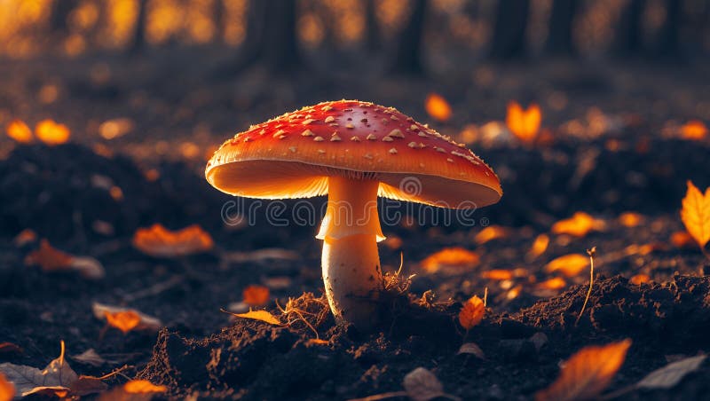 Luminous Red Toadstool Mushroom in Autumn Forest at Golden Hour Stock ...