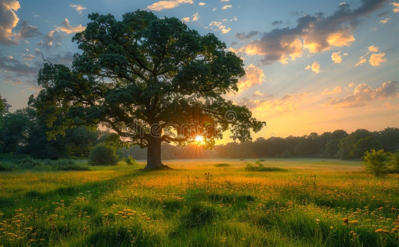 Single Oak Tree Stands Alone in Field As the Sun Rises Behind it ...