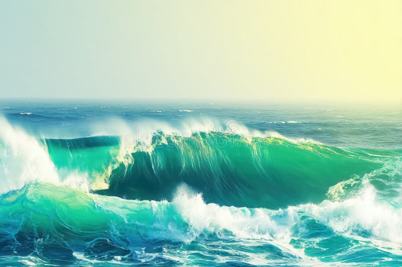 Single Ocean Wave, Solid Turquoise Background, Minimal Style. Stock ...