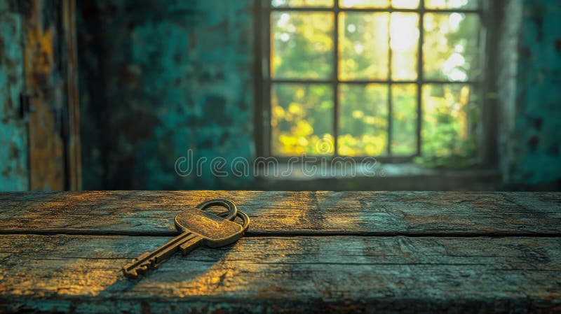 A Single Old-fashioned Key on a Rustic Wooden Table, with a Cozy Room ...