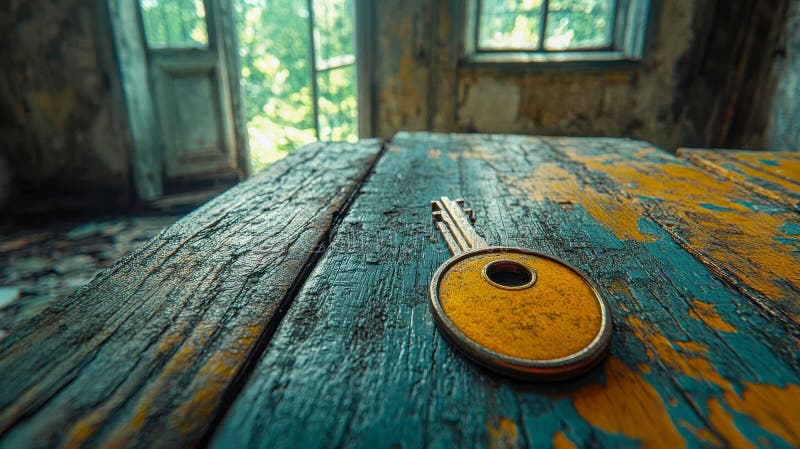 A Single Old-fashioned Key on a Rustic Wooden Table, with a Cozy Room ...