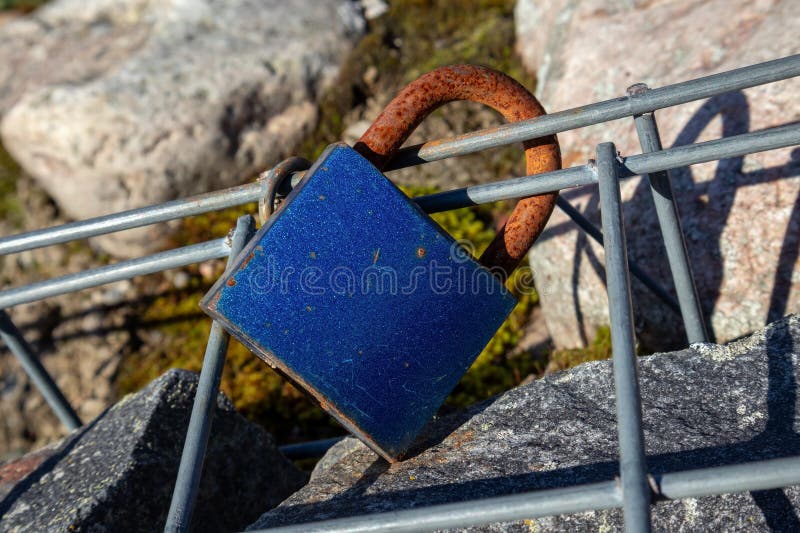 Single Old Rusty Padlock Lovelock Attached To Steel Grid Stock Photo ...