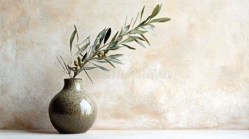 A Single Olive Branch Styled in a Modern Ceramic Vase on a Light Stock ...