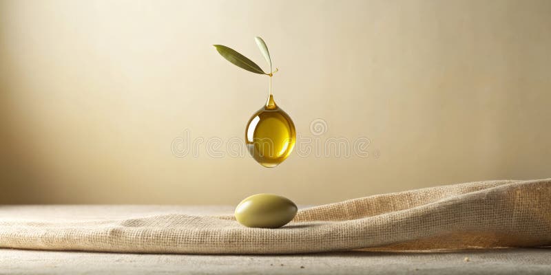A Single Olive and a Drop of Golden Oil, Resting on Fabric. Generative ...