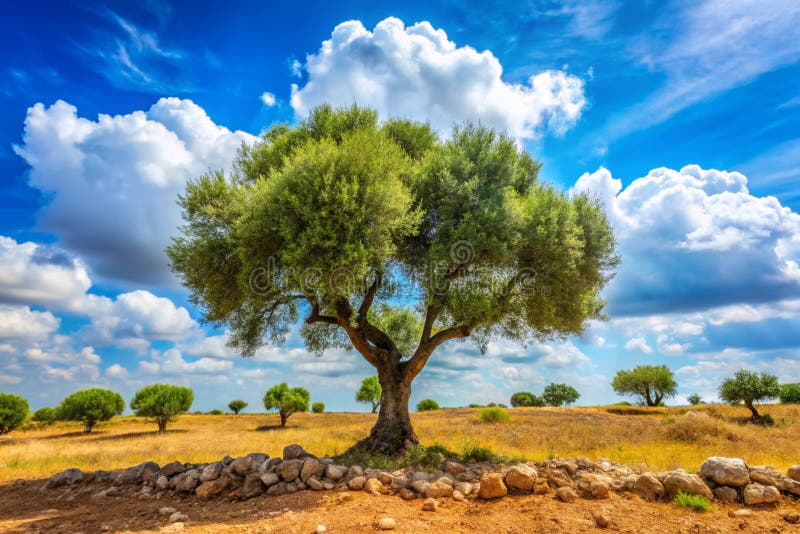 Single Olive Tree â€ Summer Landscape with Blue Sky Stock Illustration ...