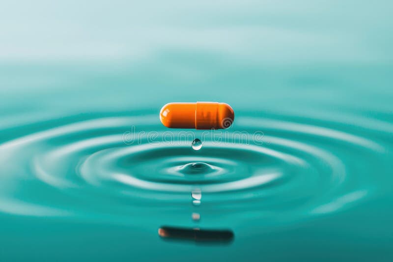 Orange Capsule Above Water Surface with Ripples Stock Photo - Image of ...