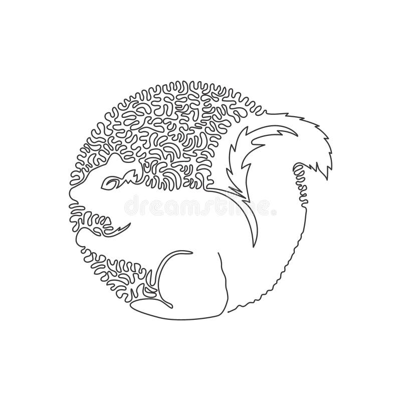 Single One Curly Line Drawing of Fluffy Squirrel Abstract Art in Circle ...