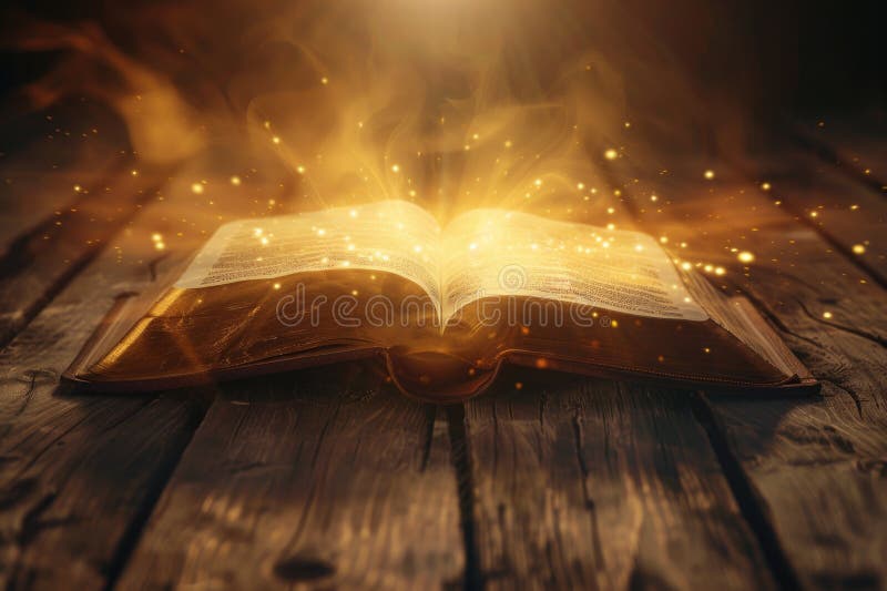 A Single Open Book Resting on a Wooden Table Stock Photo - Image of ...