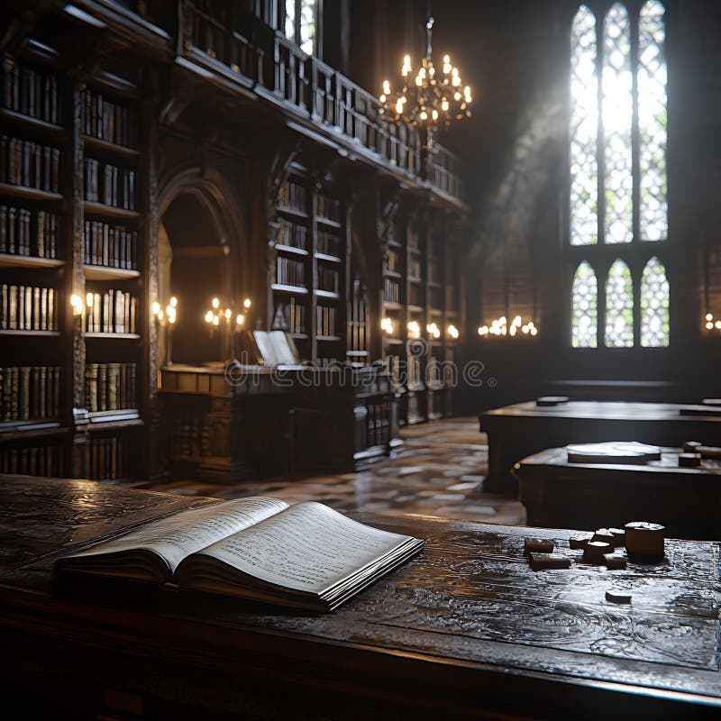 Open Book on a Table in an Old Library with Sunlight Streaming through ...