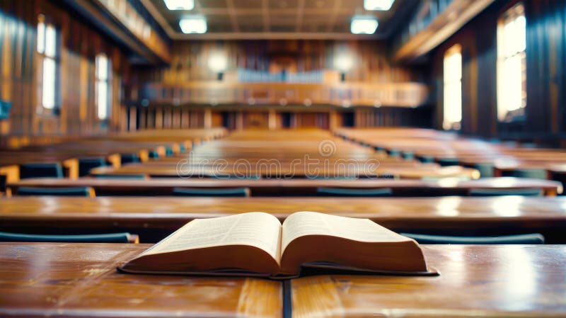 A Single Open Book Rests on a Wooden Desk in an Empty Library, Bathed ...