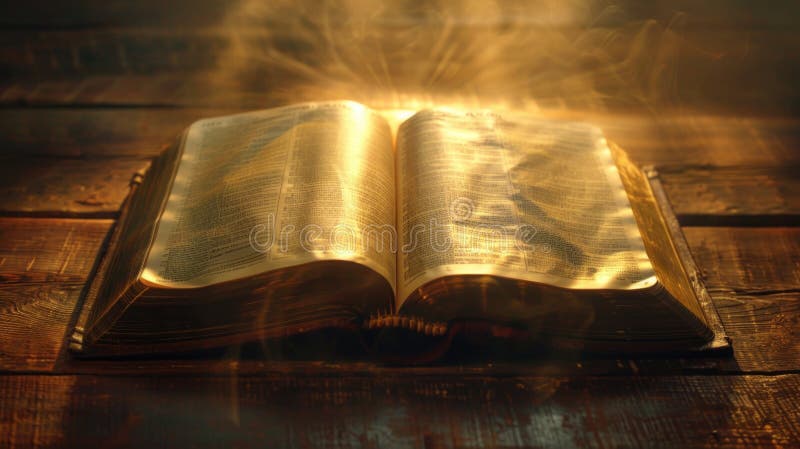 A Single Open Book Sits on a Wooden Table with a Calm Atmosphere Stock ...