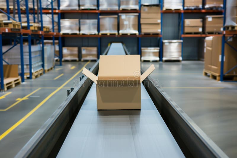 A Single Open Box on a Conveyor Belt, Warehouse Racks Behind Stock ...