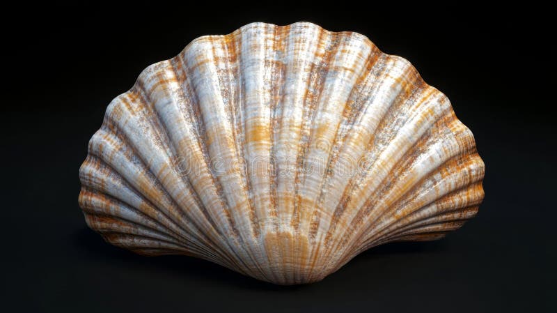 A Single, Open, Scalloped Seashell on a Black Background Stock ...