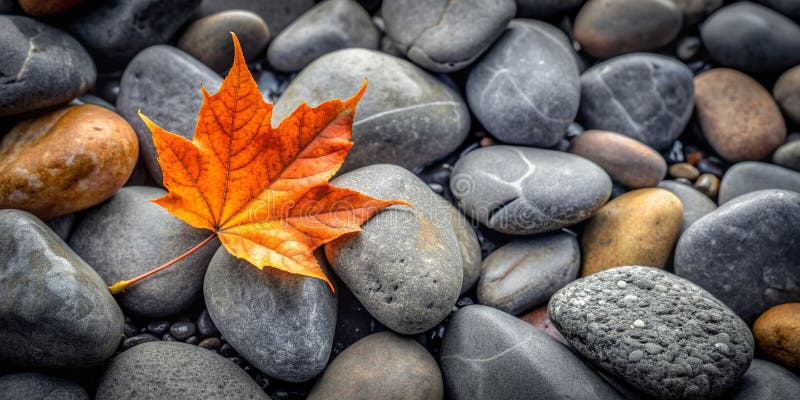 A Single Orange Fall Leaf Rests upon a Bed of Smooth Gray River Stones ...