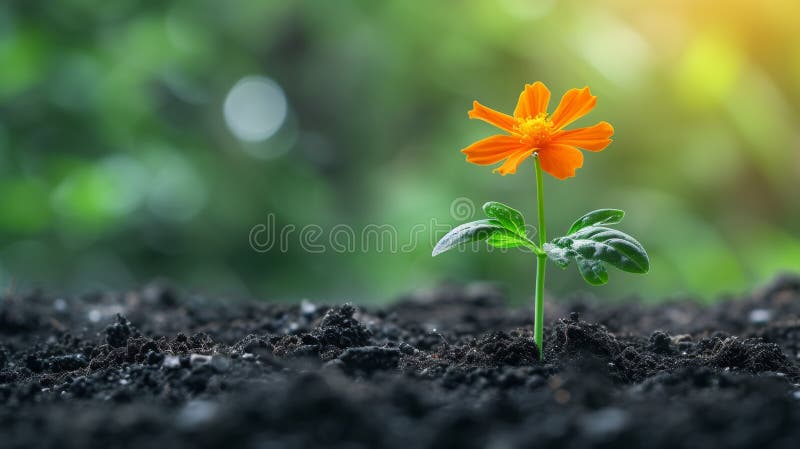 A Single Orange Flower Growing Out of the Ground in a Field, AI Stock ...