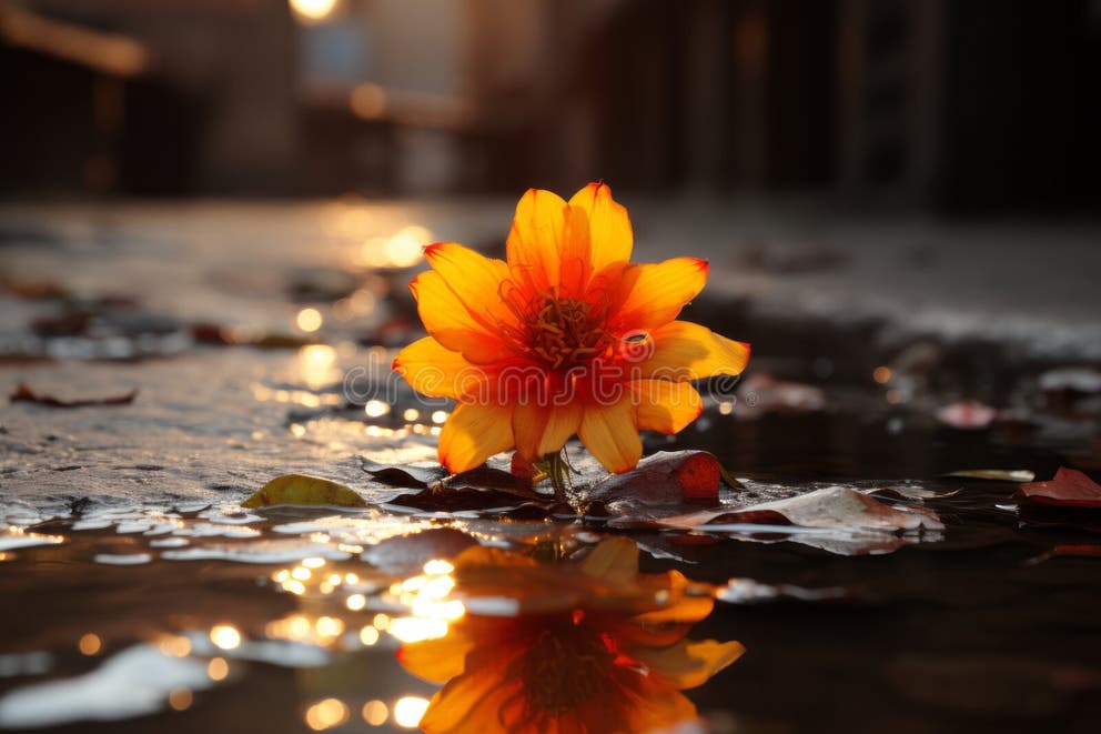 A Single Orange Flower in a Puddle of Water Stock Illustration ...