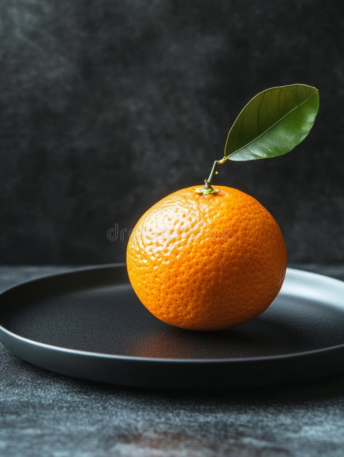 Single Orange with Leaf on Black Plate Against Dark Background Stock ...