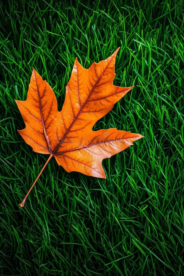 A Single Orange Leaf Laying on a Lush Green Field Stock Image - Image ...