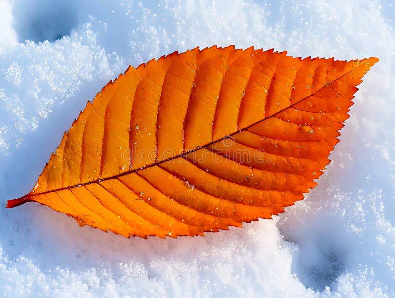 A Single Orange Leaf Laying in the Snow Stock Image - Image of small ...