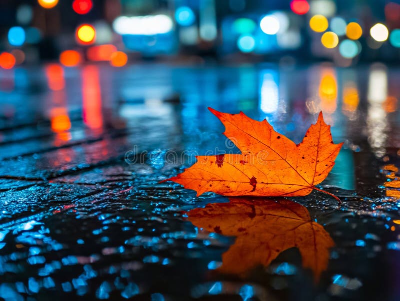 A Single Orange Leaf Laying on a Wet Sidewalk in the Rain Stock Image ...