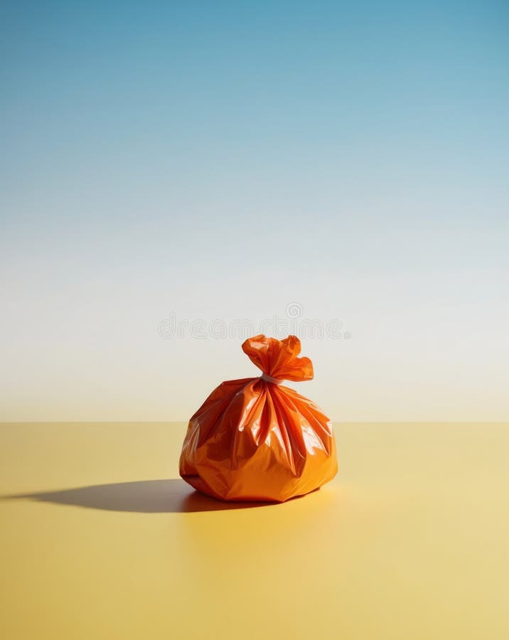 A Single Orange Plastic Bag on a Blue and Yellow Background. Stock ...