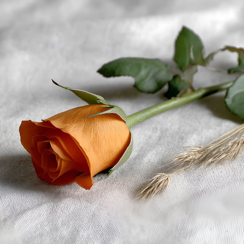 A Single Orange Rose Laying on a White Textured Surface with a Few Sprigs of Dried Wheat Nearby ...