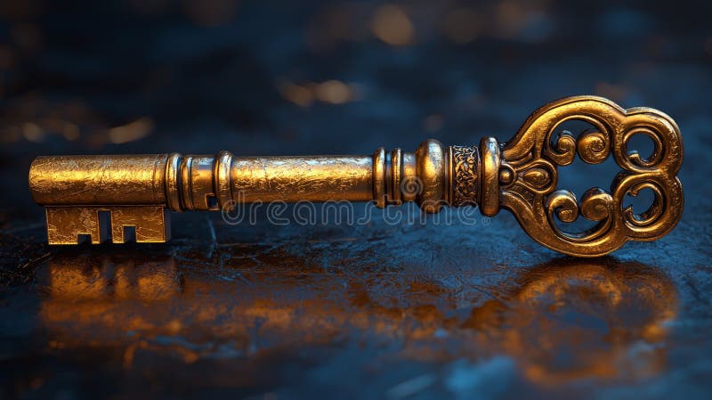 Single Ornate Key Featuring Detailed Engravings Rests on Shiny Glass ...