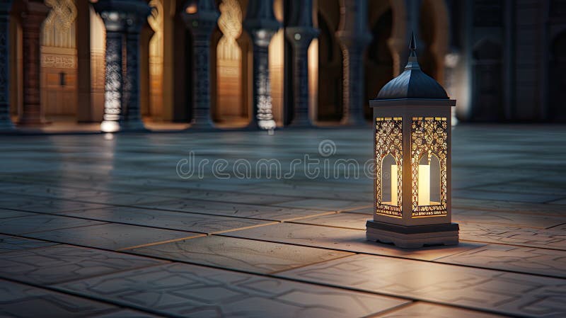A Single Ornate Lantern Sits on a Tiled Floor in a Mosque Courtyard ...