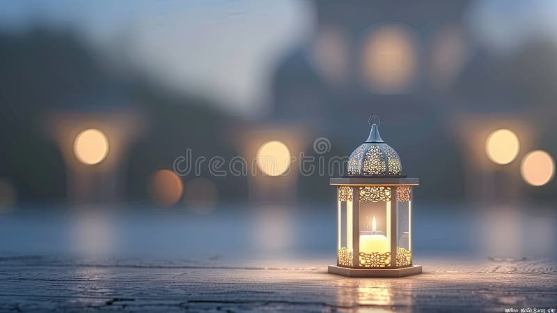 A Single Ornate Lantern Sits on a Tiled Floor in a Mosque Courtyard ...