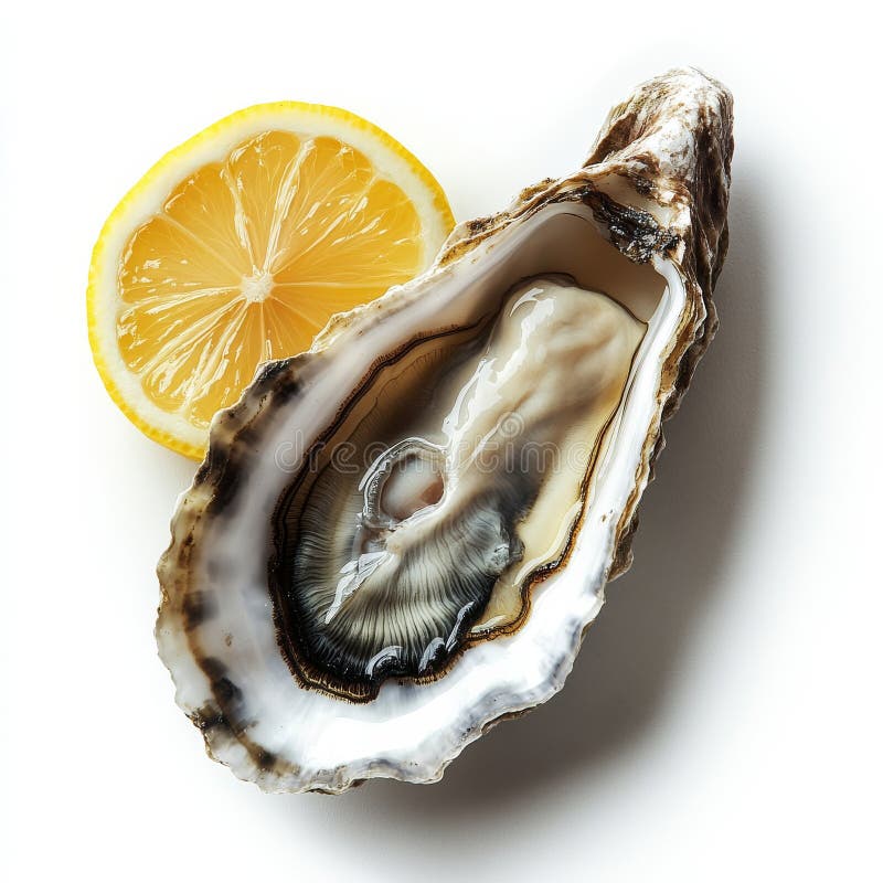 A Single Oyster on the Half Shell with Lemon, Isolated on a White Stock ...