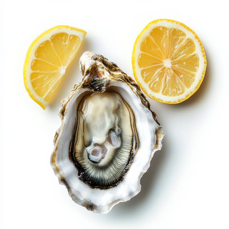 A Single Oyster on the Half Shell with Lemon, Isolated on a White Stock ...