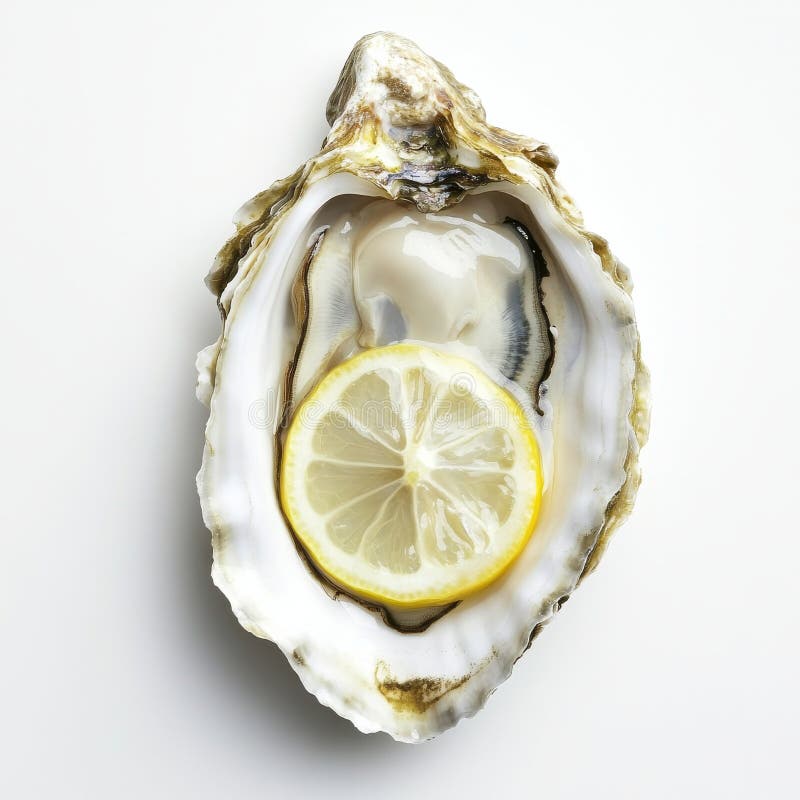 A Single Oyster on the Half Shell with Lemon, Isolated on a White Stock ...