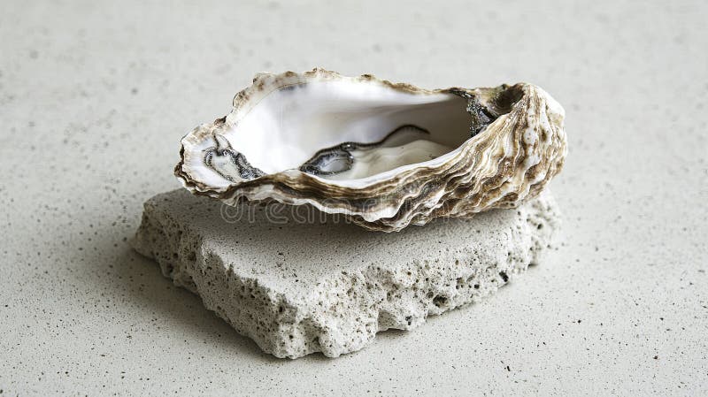 A Single Oyster Shell Styled on a Light Gray Concrete Surface with ...