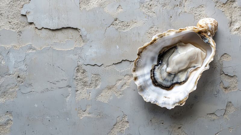 A Single Oyster Shell Styled on a Light Gray Concrete Surface with ...