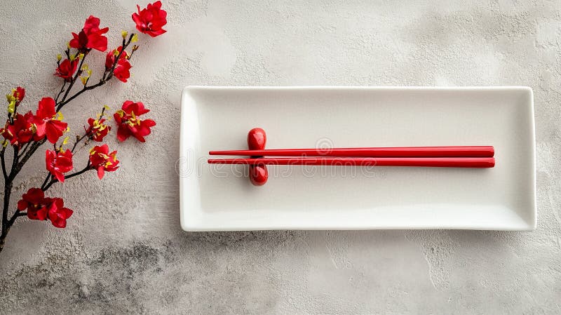 A Single Pair of Red Chopsticks Resting on a Modern White Ceramic Stock ...