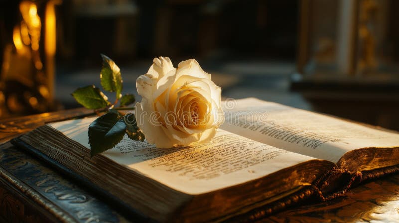 A Single Pale Rose Rests upon an Antique Book Stock Illustration ...