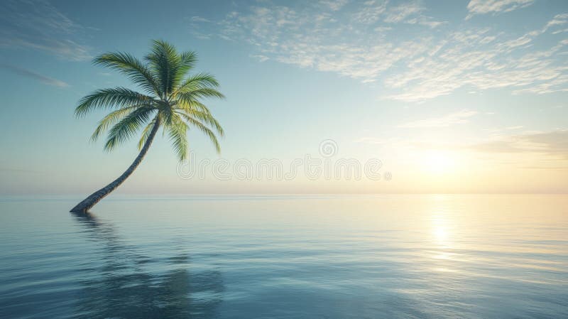 Single Palm Tree in Calm Ocean at Sunset Stock Illustration ...