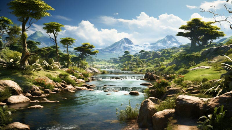 A Single Palm Tree in a Field with a River Stock Illustration ...