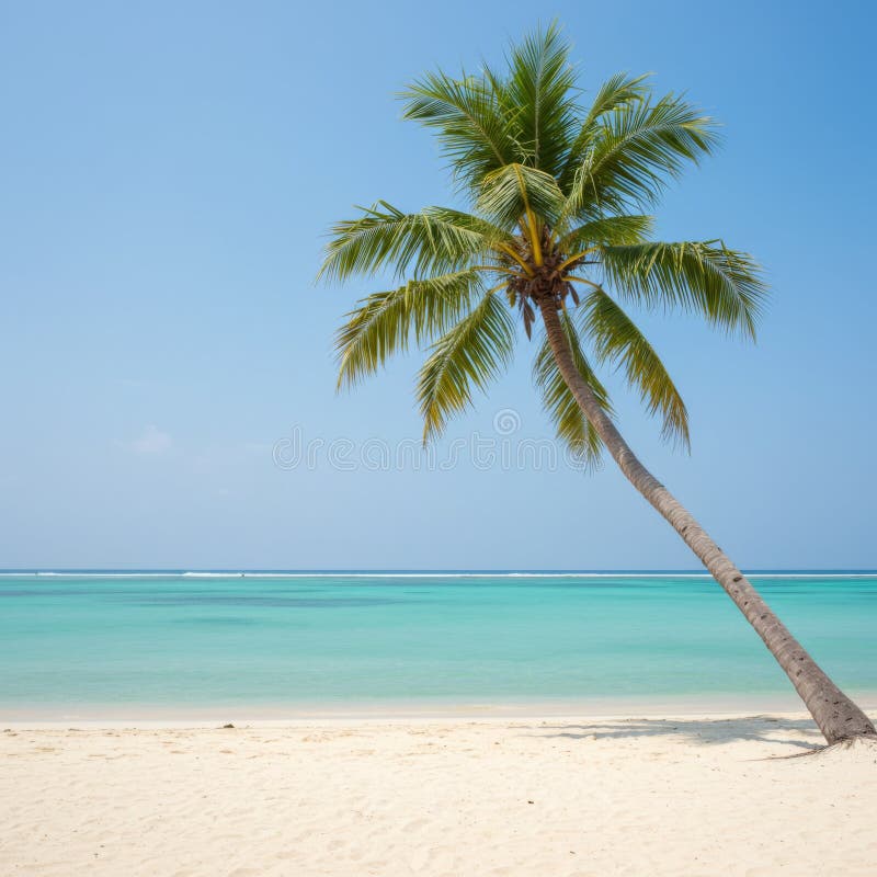 Single Palm Tree Leaning on White Sand Beach with Turquoise Ocean Stock ...