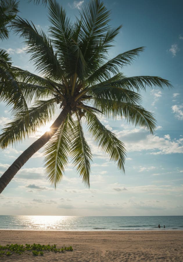 Single Palm Tree on Sandy Beach at Sunset Stock Image - Image of ...