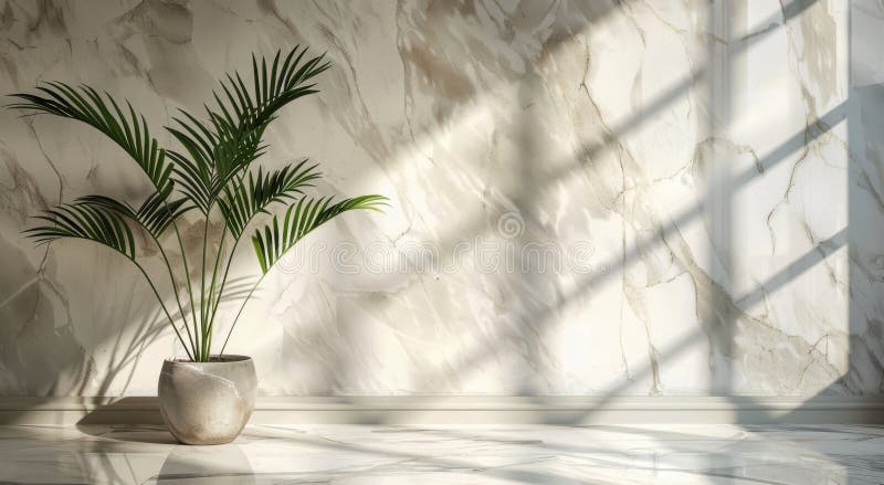 A Single Palm Tree Stands in a Sunlit Room with a White Wall Stock ...