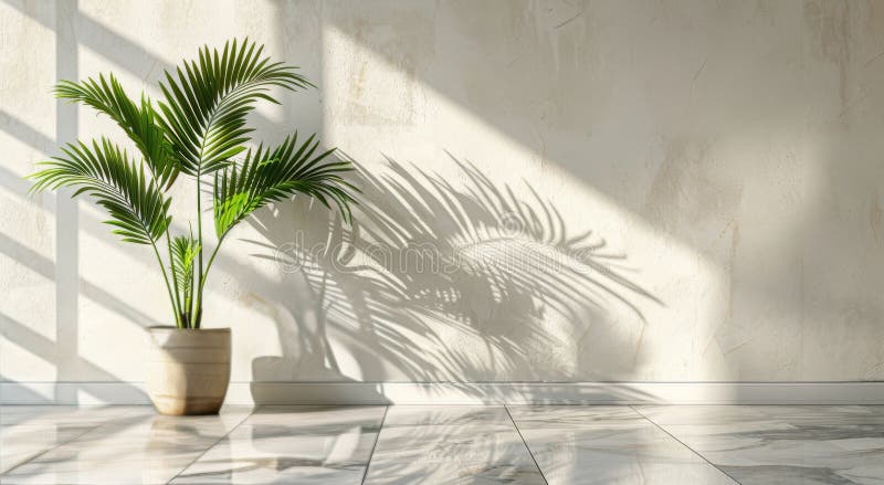 A Single Palm Tree Stands in a Sunlit Room with a White Wall Stock ...