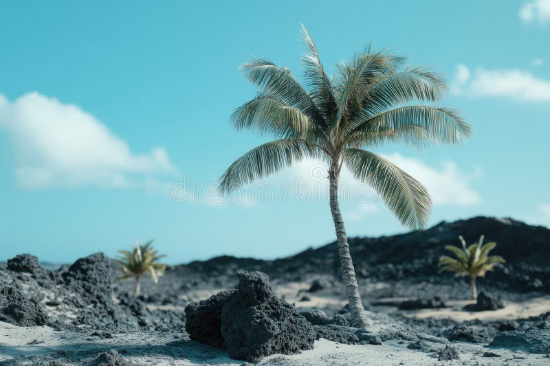 A Single Palm Tree Stands Tall on a Rugged Coastline, Surrounded by ...