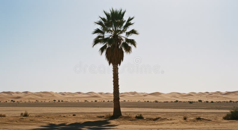 Single Palm Tree in a Vast Desert Landscape Under a Clear Blue Sky ...