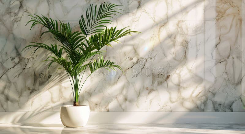 A Single Palm Tree in a White Pot Against a Marble Wall with Sunlight ...