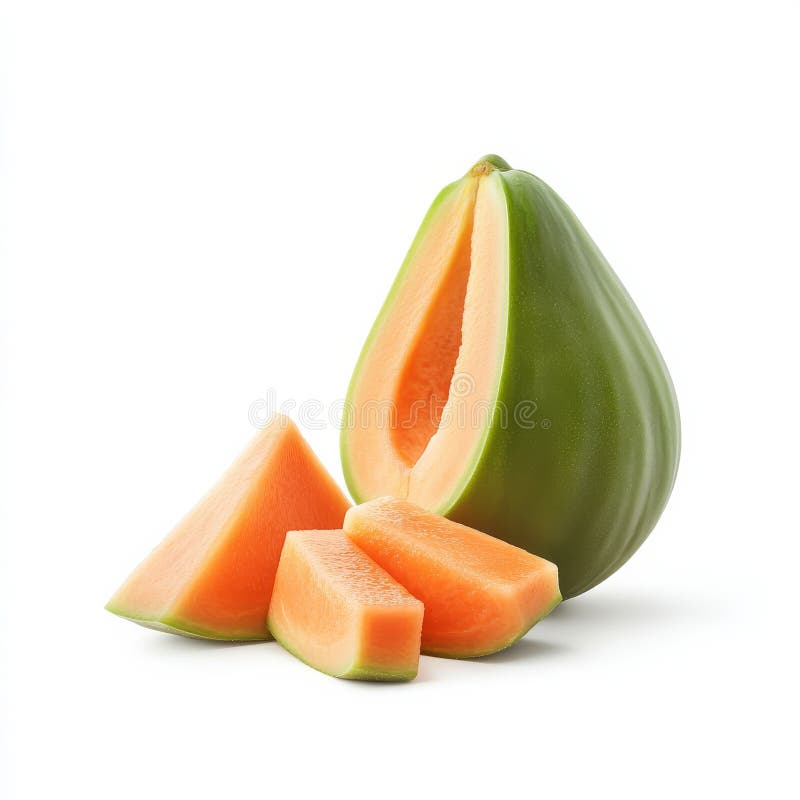 A Single Papaya with Some Slices, Isolated on a White Background, Stock ...