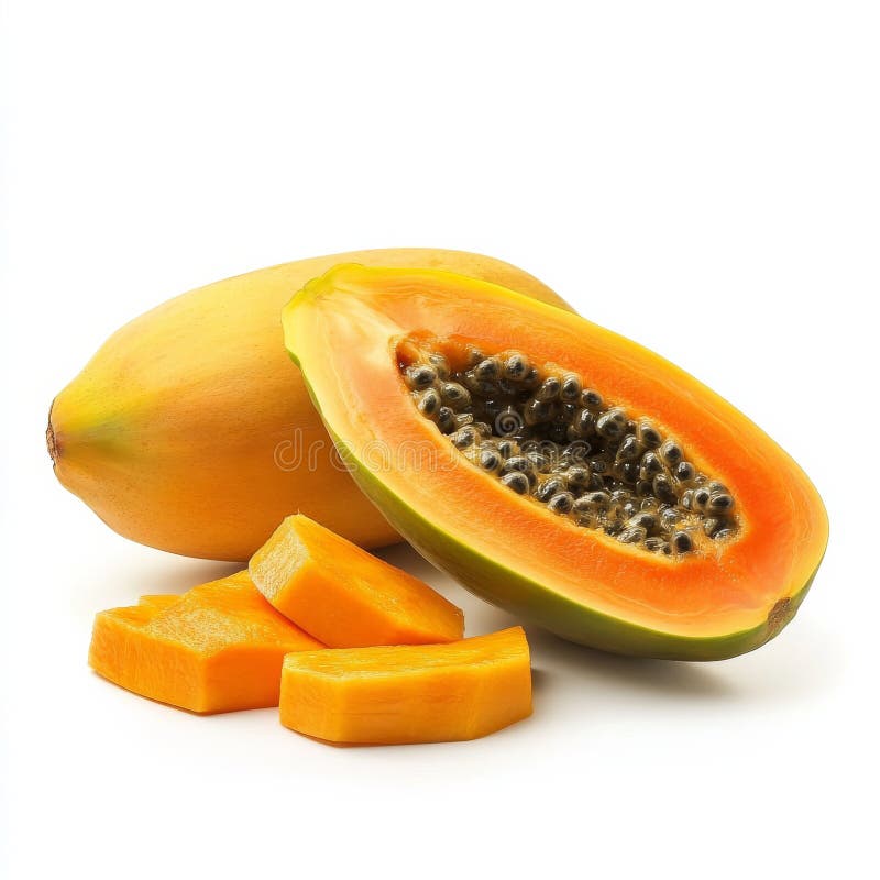 A Single Papaya with Some Slices, Isolated on a White Background, Stock ...