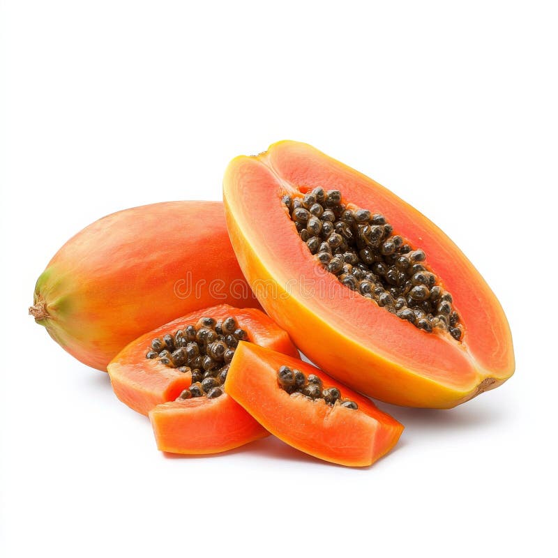A Single Papaya with Some Slices, Isolated on a White Background, Stock ...
