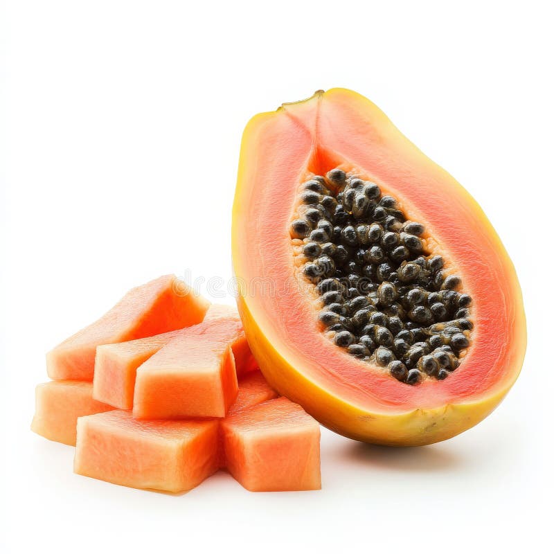 A Single Papaya with Some Slices, Isolated on a White Background, Stock ...