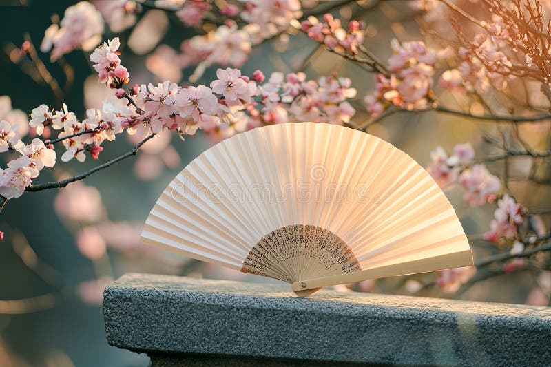 A Single Paper Fan Placed on a Smooth Stone Bench Surrounded by Stock ...